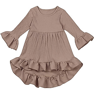 bilison Toddler Baby Girl Dress Flare Long Sleeve Solid Color Irregular Sundress Party Princess Dress