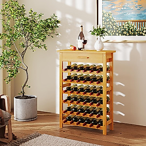 Kinbor 6-Tier Bamboo Wine Rack with Drawer, Standing Storage Rack with 36 Bottles Holder for Bar, Wine Cellar, Basement, Cabinet, Pantry, Kitchen