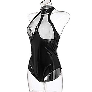 LowProfile Women Wet Look Faux Leather Teddy Babydolls Fishnet See Through Teddy Lingerie Zip Crotch Bodysuit Black