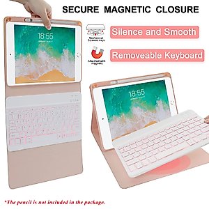 BLUTLOTUS Keyboard case for iPad 9.7 Inch Air 2, iPad 5th/ 6th Generation (2017/2018) with Keyboard Detachable, 7 Color Wireless Backlit Keyboard, Smart Folio Cover with Pencil Holder(Pink)