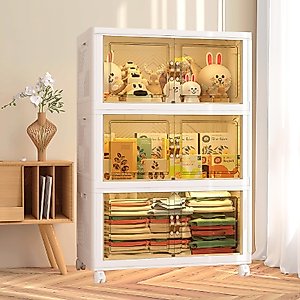Jacriah Plastic Drawer Storage Bins with Lid, Stackable Storage Bins Open Front, Closet Organizers and Storage Cabinet with Doors and Shelves, Collapsible Storage Bins with Wheels (3 Layer-28 Gallon)