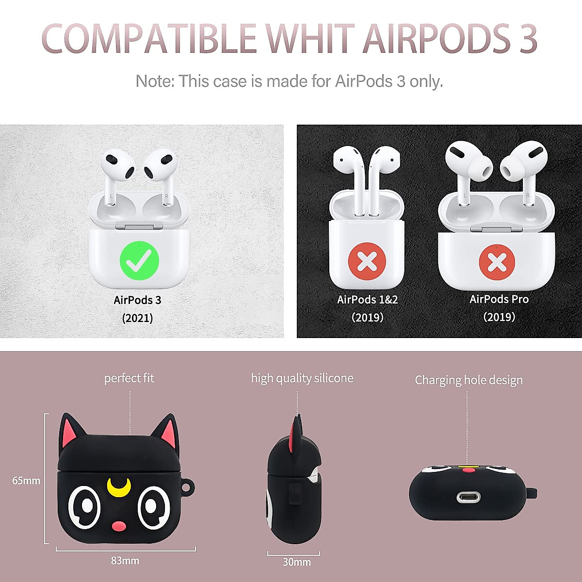 Cute Black Sailor Moon Airpods 3rd generation(2021) Case,7 in 1 Airpods 3 Silicone Accessories Protective Cover, Fashion Fun Cartoon Character Luna Cat Design Airpods 3 Skin for Girls Women Kids Teens