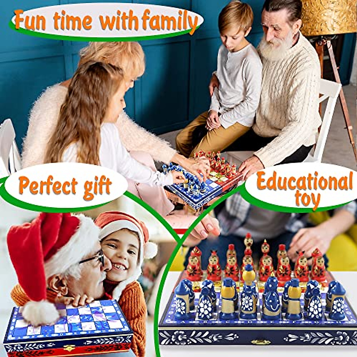 Russian Khokhloma vs Gzhel Themed Chess Set - Hand Painted Wooden Chess Pieces as Matryoshka Dolls - Souvenir Board Games for Adults - Chess Gifts