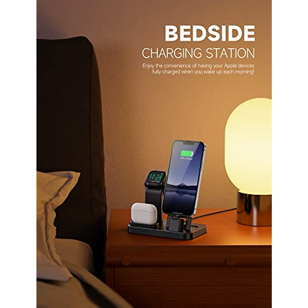 RJR Updated 3 in 1 Charging Station for Apple Devices, Self Adjusting Charging Dock for iWatch 8 7 6 SE 5 4 3 2 1, Built-in Charger Stand for iPhone Series AirPods Gifts (with 15W Adapter) Black