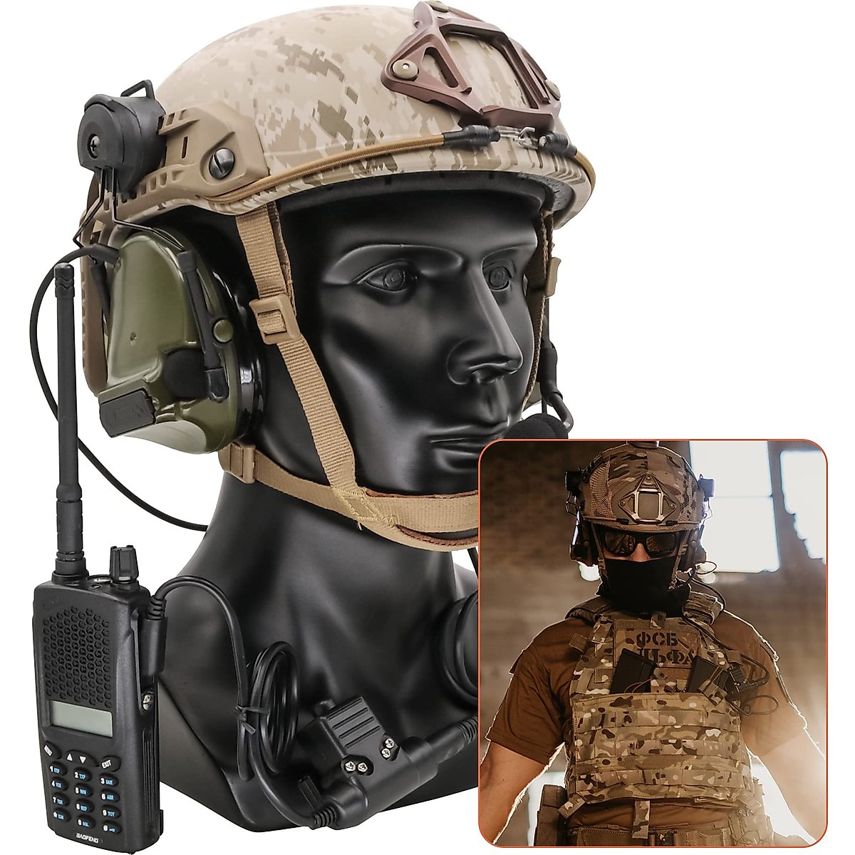 HEARFALCOM Tactical Comta III Headset Helmet ARC Rail Adapter Bracket Version with U94 PTT Adapter Compatible with Baofeng UV-5R, UV-82 Walkie Talkie for Airsoft Sports（FG）