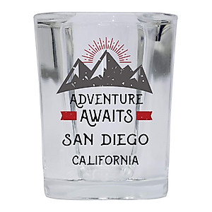 R and R Imports San Diego California Souvenir 2 Ounce Square Base Liquor Shot Glass Adventure Awaits Design