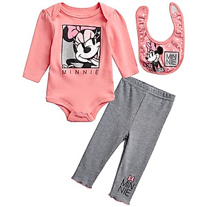 Disney Baby Girls? Minnie Mouse Layette Set - 3 Piece Bodysuit, Pants, and Bib (Newborn), Size 6-9 Months, Rose/Grey