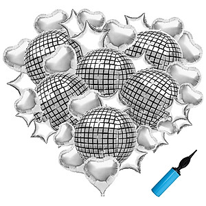 Jerbor 60PCS Disco Ball Balloons with Pump,4D Disco Party Decorations,Love-Shaped Star-Shaped Balloons,Silver Disco Mylar Balloons for 70s 80s Disco Themed Birthday New Year's Party Decor Supplies