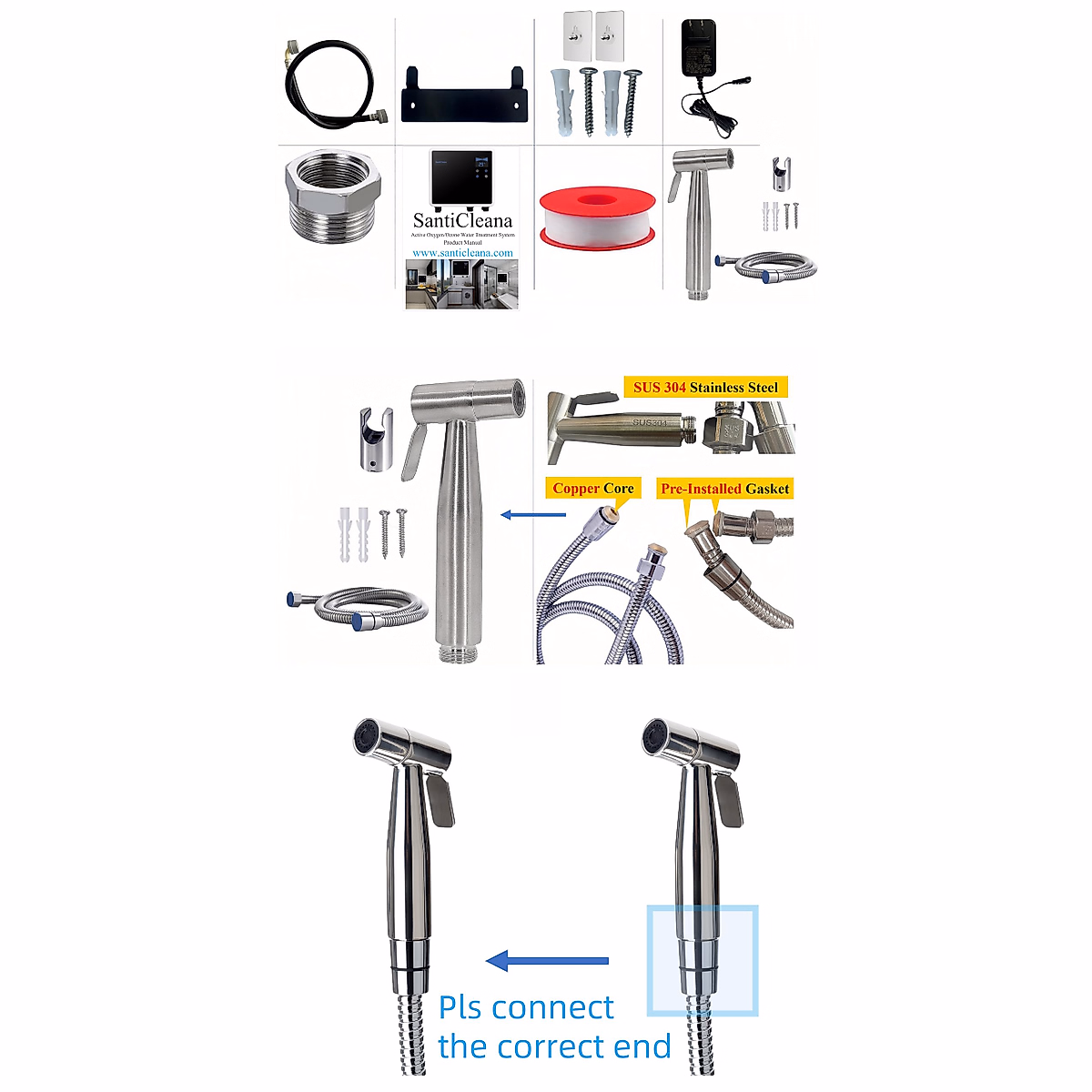 SantiCleana Ozone Laundry Washer System - 2 Outlets! - Stainless Sprayer - Black Hose