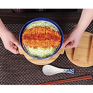 Hinomaru Collection Japanese Kamameshi Style Rice Noodle Bowl with Bamboo Lid Trivet Chopsticks and Porcelain Spoon Bowl Set (Hokusai Wave)