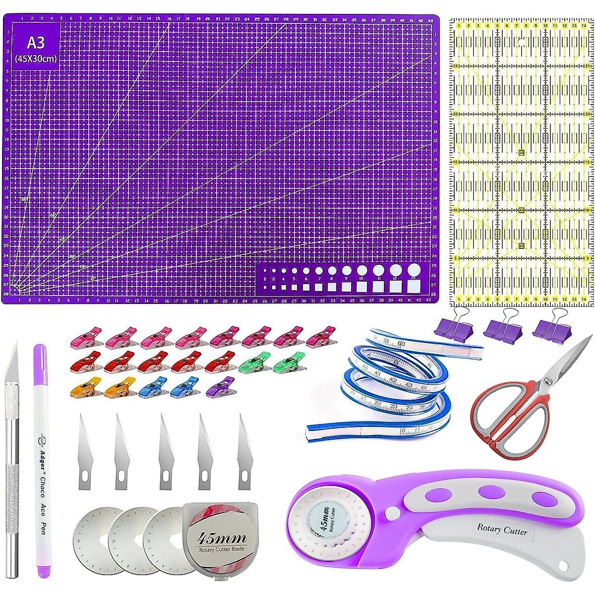 Rotary Cutter Set, 38PCS 45mm Rotary Fabric Cutter Wheel Set, Fabric Cutter Wheel, Quilting Rotary Cutters Rolling Fabric Cutter Wheel and A3 Mat, Rotary Rolling Cutter For Sewing, Quilting(Purple)
