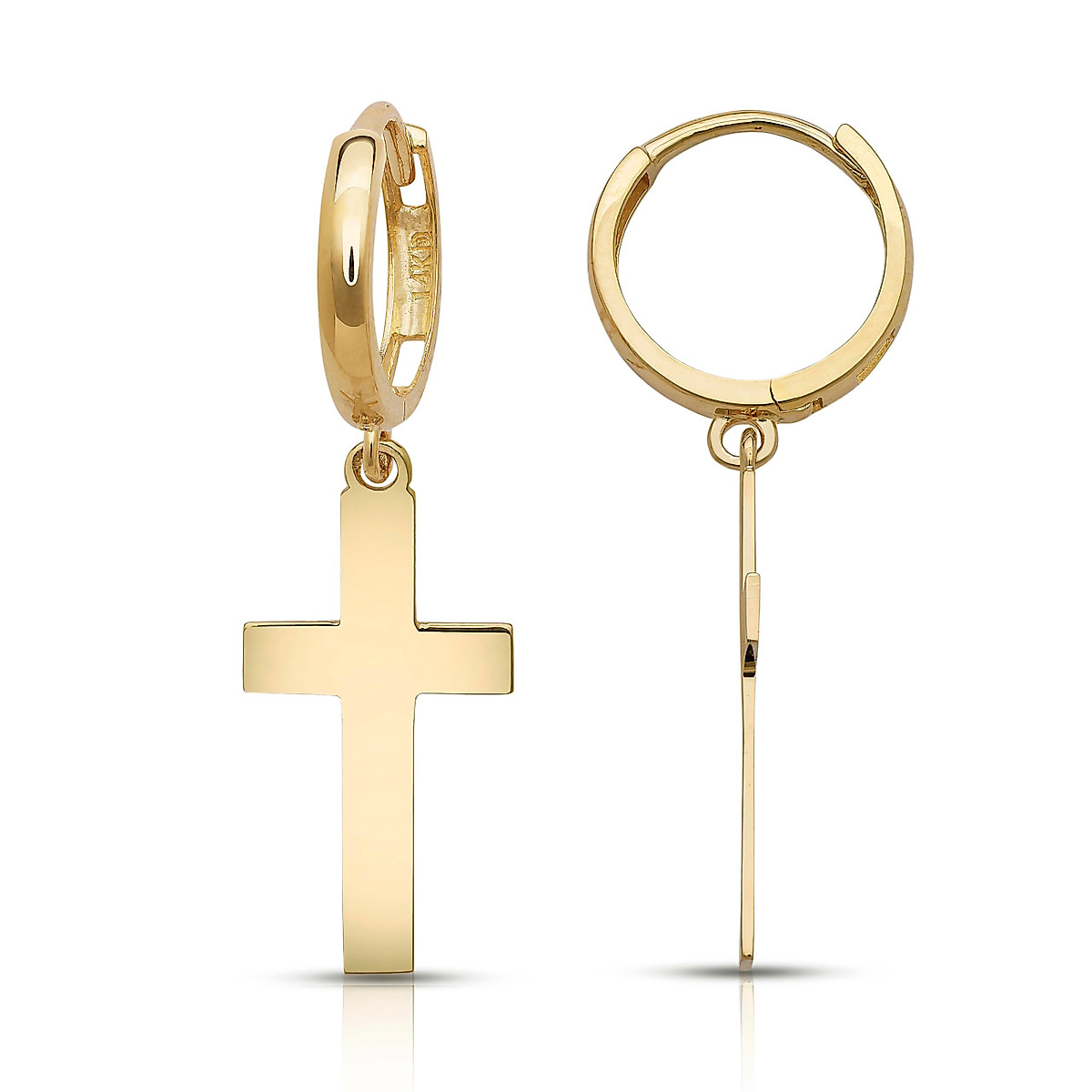 14k Yellow Gold Dangle Cross Huggie Earrings 12mm