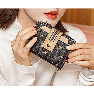 EUNI Faux Leather Wallets for Women Small Wallets, Ladies Cute Zipper Purses Credit Card Holders, PVC Signature Leather Monogram Wallets (Brown)