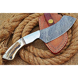 HUNTEX Handmade Hand-Forged Twist Pattern Damascus Steel 9 Inch Long Full Tang Natural Deer Antler Handle Razor Sharp Hunting Camping Cleaver Knife w/Genuine Leather Sheath