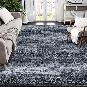 WESTLOOM Washable Rug 9x12 Area Rug for Bedroom Decor Vintage Living Room Rug Large Area Rug Oriental Retro Rug Damask Floral Rug Chenille Non Slip Carpet for Dining Room Nursery Rug Black 9'x12'