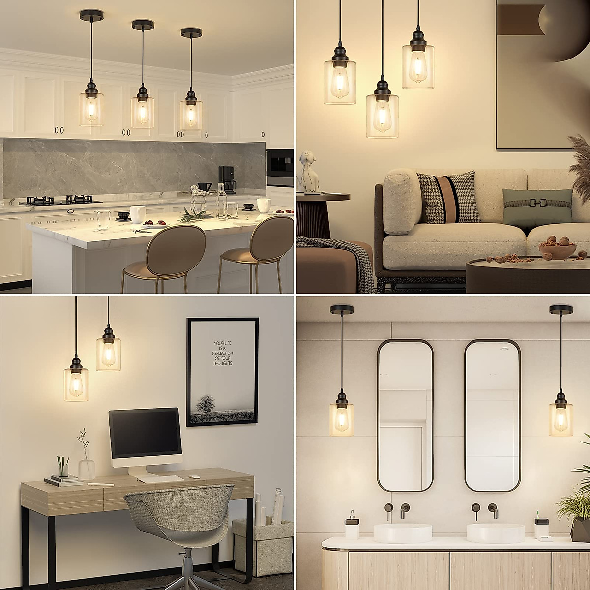 Licperron 3 Pack Hanging Pendant Lighting Fixtures, Adjustable Black Hanging Ceiling Lamp with Clear Glass Shade, Modern Pendant Light for Kitchen Island, Dining Room, Bedroom, Hallway