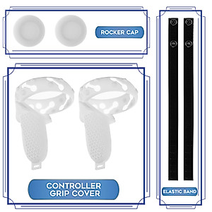 Seltureone Accessories Compatible for Quest 2 Controller Full Grip Cover with 2 Controller Caps, Anti-Slip Anti-Fall Protective Silicone Sleeve with Hand Strap for Quest 2 Headset, White