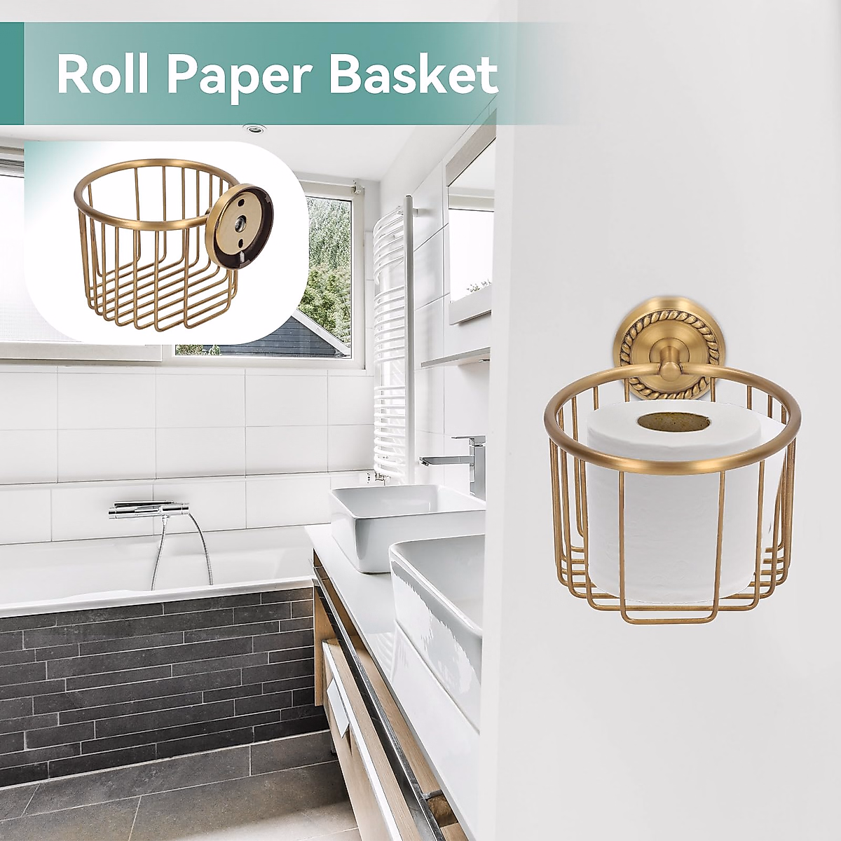 Toilet Paper Holder Stand, Brass Toilet Tissue Organizer Wall Mounted Toilet Paper Holder Tissue Roll Storage Rack Bathroom Tissue Organizer Tissue Roll Basket Rack for Bathroom