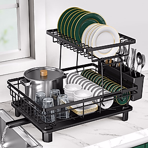 ROTTOGOON Large Dish Drying Rack, 2-Tier Stainless Steel Dish Racks for Kitchen Counter, Durable Dish Drainer with Drainboard, Drainage, Utensil Holder for Various Kitchenware, Black