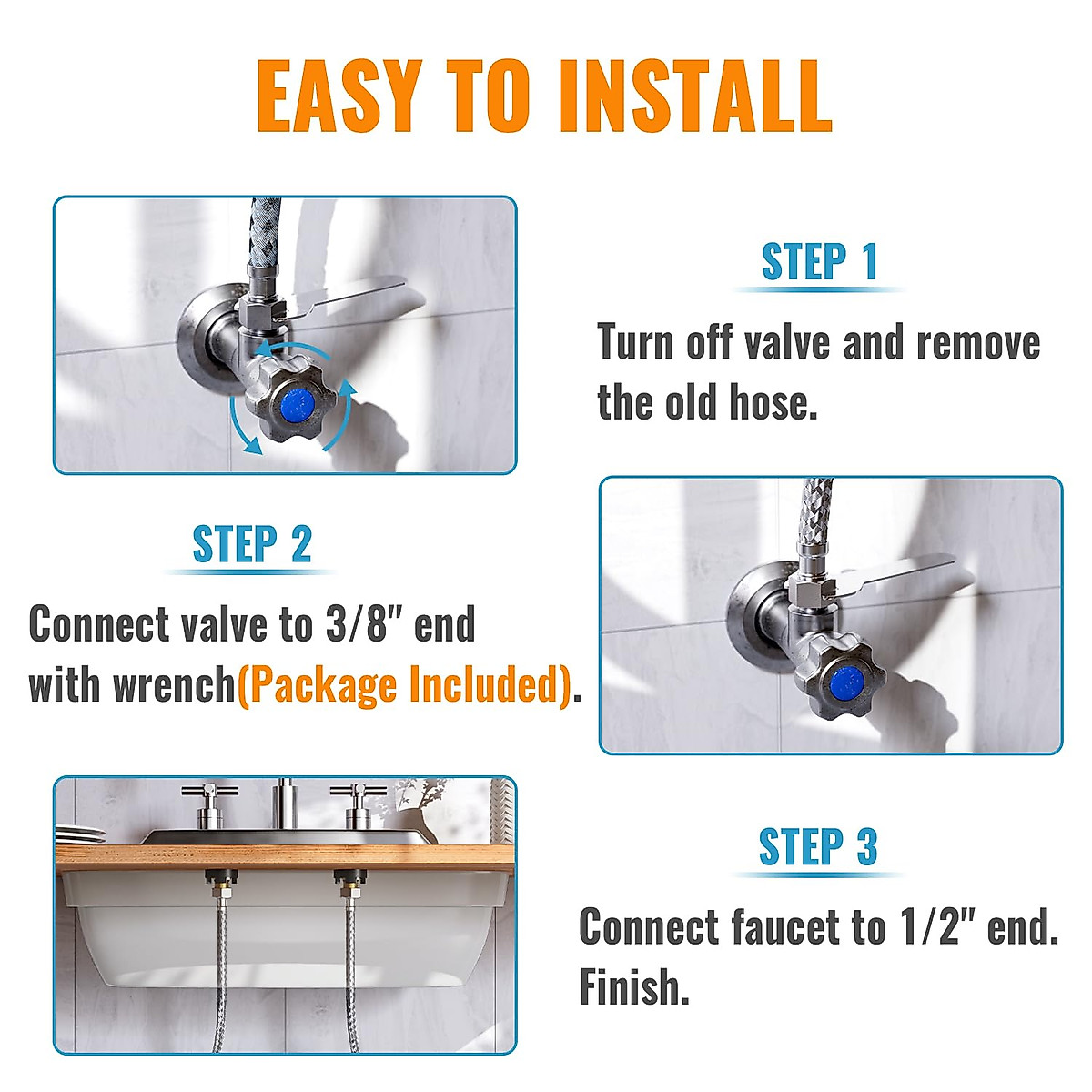 (2 Pack) SUNGATOR 60 Inch Faucet Supply Lines, 3/8" Female Comp Thread x 1/2" FIP Thread Sink Hose, 60" Stainless Steel Braided Faucet Supply Line for Bathroom, with 2 Wrenches and 1 Sealing Tape