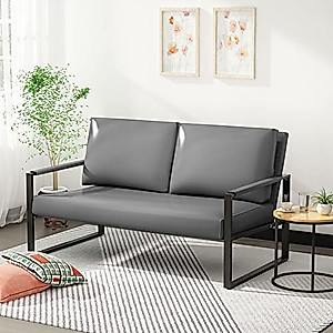 AWQM Faux Leather Loveseat, Mid-Century Modern Loveseat Sofa for Small Spaces, Small PU Leather Upholstered Sofas and Couch with Metal Armrest for Living Room, Bedroom and Office, Grey