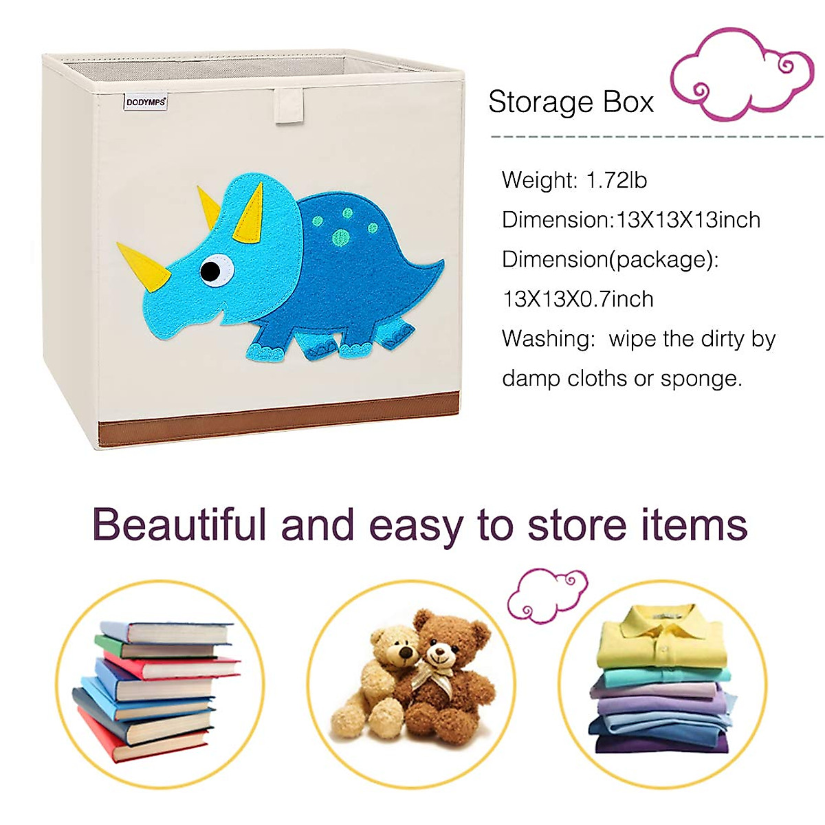 DODYMPS Foldable Animal Toy Storage Bins/Cube/Box/Chest/Organizer for Kids & Nursery, 13 inch (Cute Triceratops)
