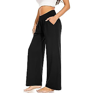 SUNYAA Womens Wide Leg Yoga Pants High Waisted Flowy Casual Loose Comfy Lounge Palazzo Sweatpants Pajamas with Pockets Black S