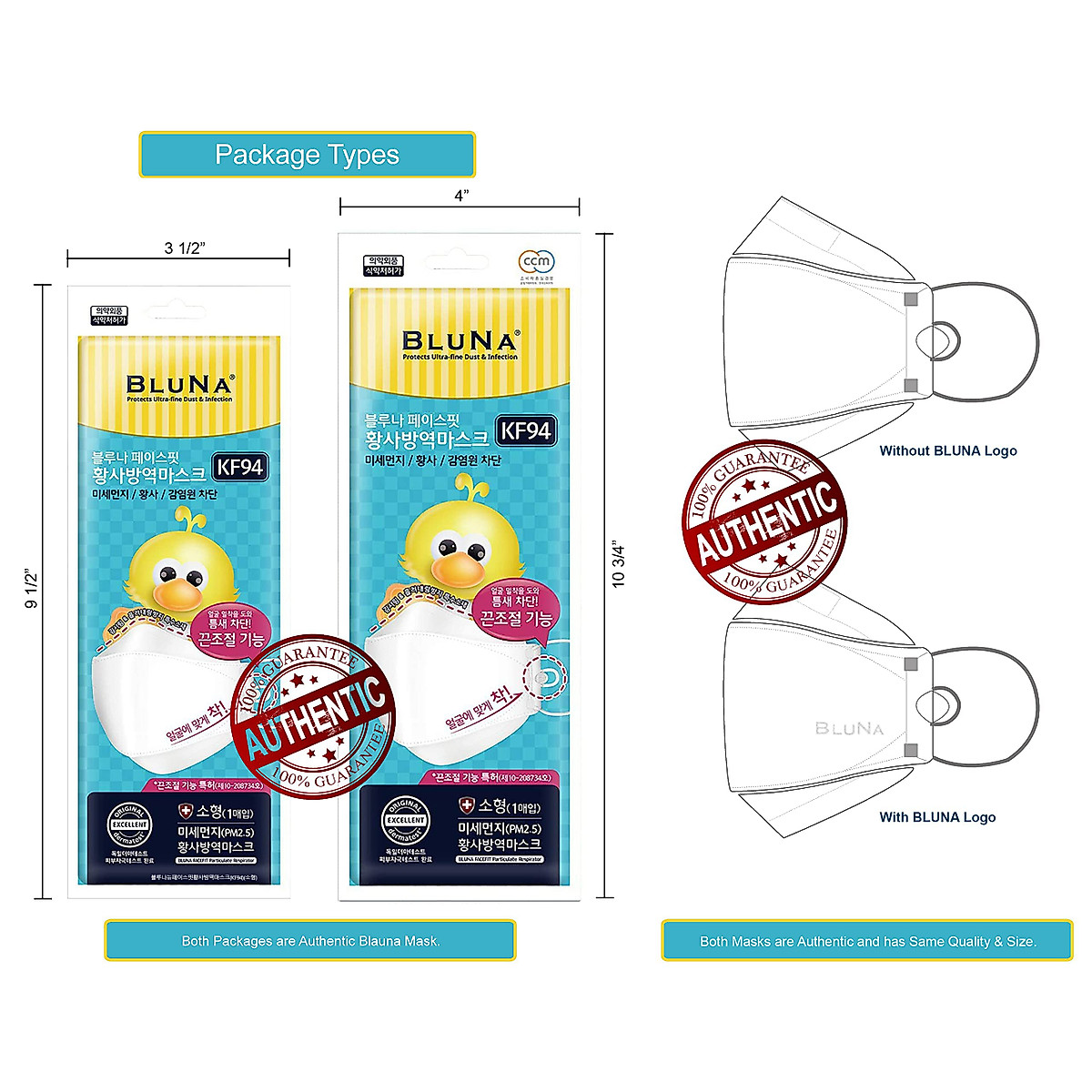 [10 Pack] :: Authentic :: BLUNA [Kids/Small] KF94 Facefit Ergonomic 3D Adjustable Strap Korean Face Mask, White [Made in Korea][Individual Package] for Small Kids Children