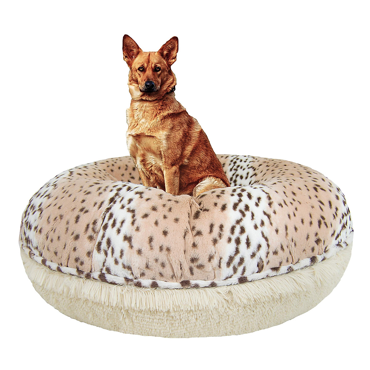 BESSIE AND BARNIE Signature Aspen Snow Leopard/ Blondie Luxury Shag Extra Plush Faux Fur Bagel Pet/Dog Bed (Multiple Sizes), S- 30"