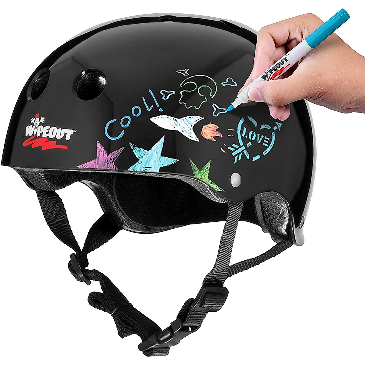 Wipeout Dry Erase Kids Helmet for Bike, Skate, and Scooter, Black, Ages 8+