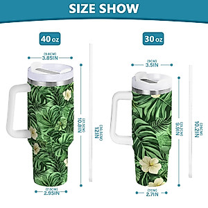 Slewiaeky Tumbler with Handle 40 oz Plant Palm Leaf Vintage Travel Mug with Lid and Straw Hibiscus Stainless Steel Vacuum Insulated Water Bottle Cup for Iced Tea Coffee Cold Beverages Cup Holder Frie