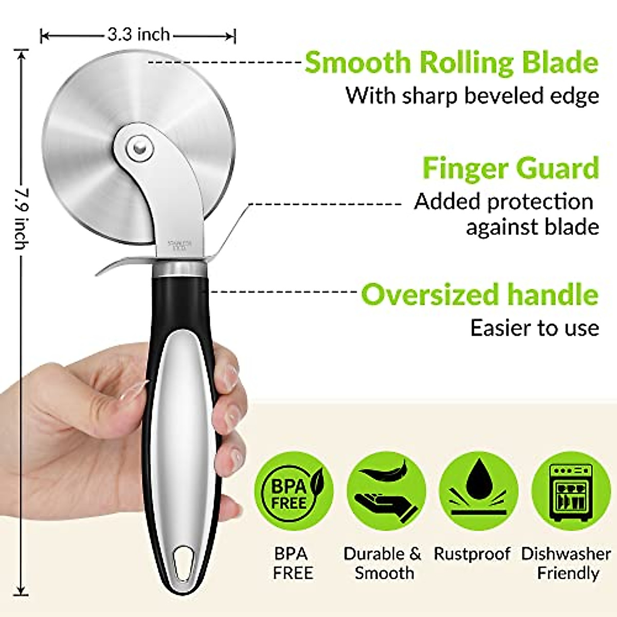 Rainspire Kitchen Large Pizza Cutter Wheel, Stainless Steel Pizza Slicer, Sharp Blade Pizza Wheel with Non-Slip Handle, Dishwasher Safe, Perfect Kitchen Gadgets Home Essentials, Black