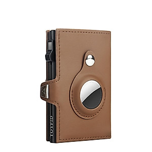 TOYFID Minimalist Wallet for Men - Pop Up Wallet Metal Card Holder Compatible with AirTag,Genuine Leather,RFID Blocking,ID Window,Slim Wallet for Cash Credit Cards (Brown)