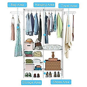 KOCASO Garment Shoes Rack Simple Closet Metal Shelf Clothing Organizer with 4 Hooks and Lower Storage Space, White