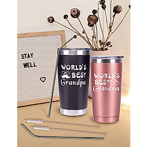 EBE EmmasbyEmma Stainless Steel Grandparents Gift Set, 20 oz Tumbler for Grandma & Grandpa, Rose Gold & Black, Includes Straw & Brush