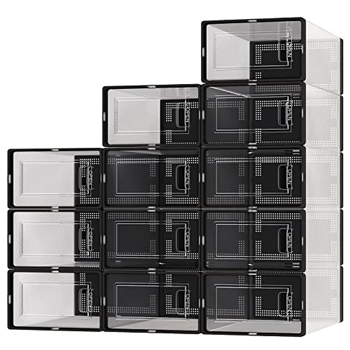 Fixwal Clear Shoe Storage Boxes Stackable, 12 Pack XL-Large Shoe Storage Organizers, Stackable Clear Plastic Boxes for Closet, 13.2 (L) x 10.1 (w) x 6.42 (H) Inch, Black