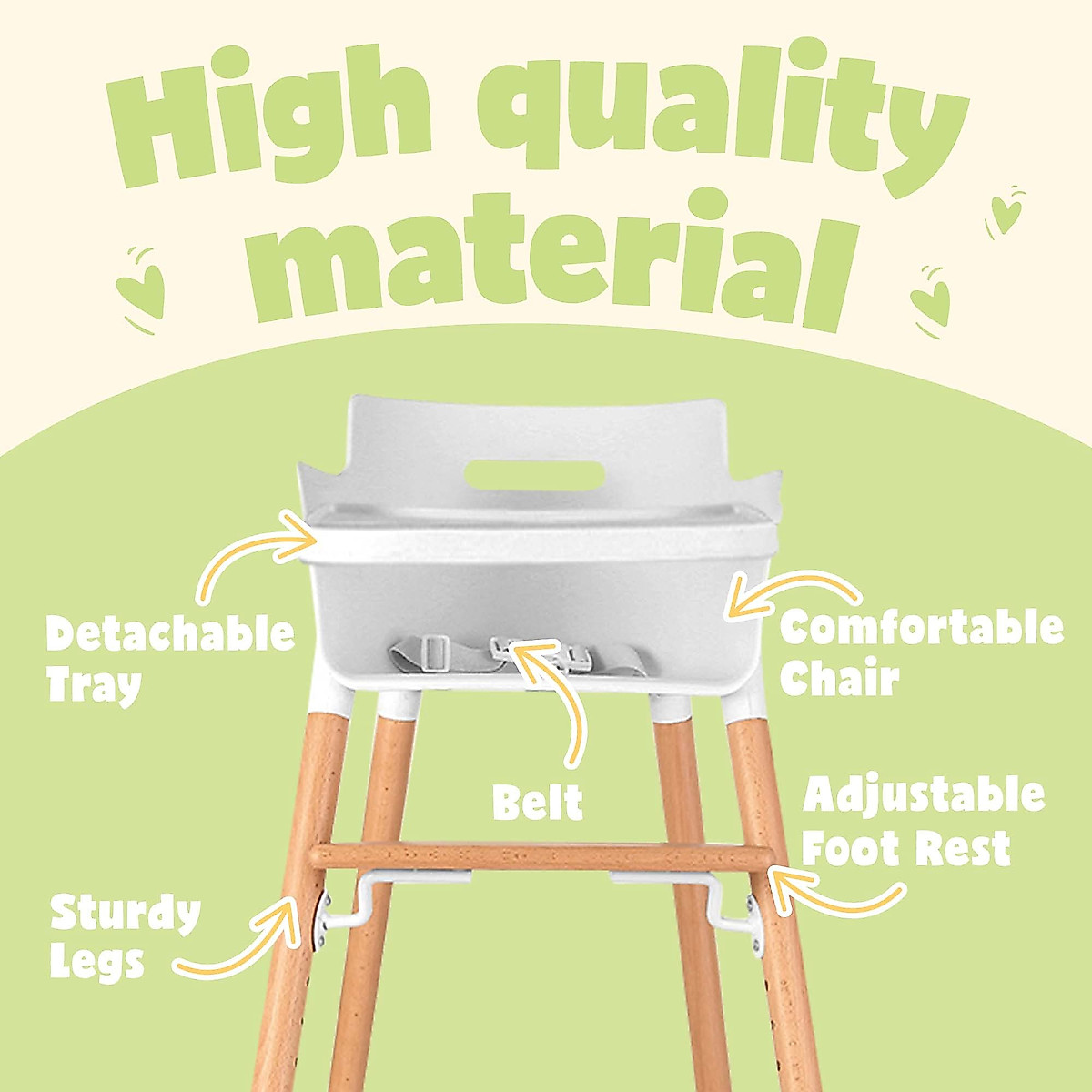 Wooden High Chair for Babies and Toddlers - with Harness, Removable Tray, and Adjustable Legs