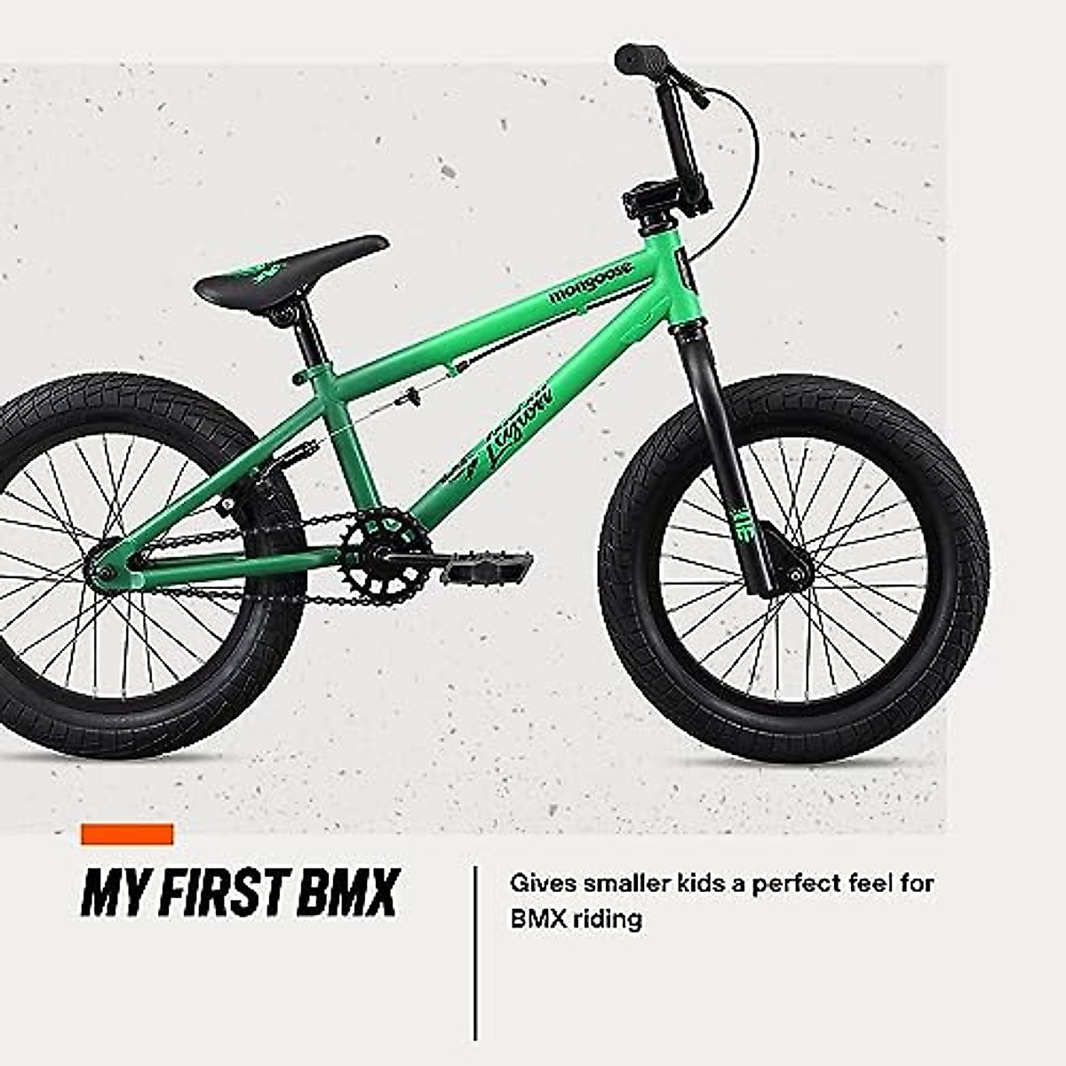 Mongoose Legion L16 Kids Freestyle Sidewalk BMX Bike, Beginner Riders, 16-inch Wheels, Hi-Ten Steel Frame, Micro Drive 25x9T BMX Gearing, Green