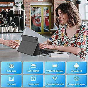 Headwolf Android Tablet with Keyboard, 2 in 1 10 Inch Tablet 12GB+128GB+512GB Expand Octa Core Android 12 Tablet with Case Mouse Stylus, 7700mAh Battery, 16MP Camera, WiFi, Bluetooth 5.0, GPS (Gray)