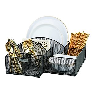 ELTOW Paper Plate Organizer for Countertop w/Handle, 8 Compartment Breakroom Organizer, Utensil Caddy for Parties, Holds Plates, Silverware, Cups, Napkins, Cutlery Caddy Great for Home, RV - Black
