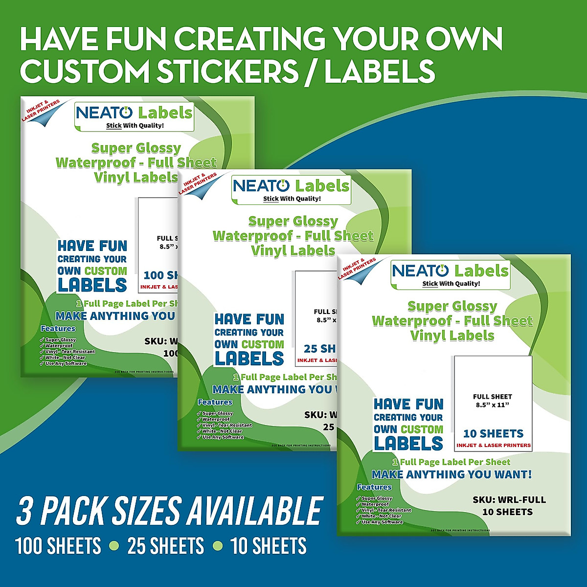 Printable Vinyl Waterproof Sticker Paper for Inkjet and Laser Printer - 10 White Full Sheet Super Glossy Craft Labels - Strong Adhesive - Tear Resistant - Made in The USA - Design Software Included