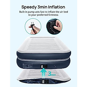 Evajoy Full Size Air Mattress with Built in Pump, 18'' Inflatable Luxury Double High Blow Up Mattress, Easy to Inflate/Quick Set Bed, Durable Portable Waterproof Blue & Grey (EJ-HF001)