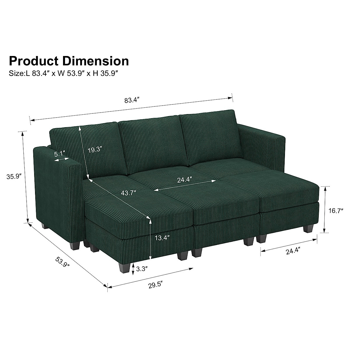 Belffin Corduroy Sectional Sleeper Sofa with Storage Ottoman, Modular Luxury Sectional Sofa with Chaise, Convertible Modern Sectional for Living Room, Green