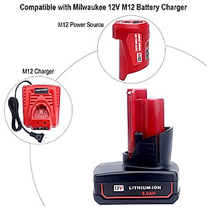 ELEFLY 2 Pack M12 6.0Ah Replacement for Milwaukee M12 12V Lithium Battery 48-11-2460 48-11-2411 48-11-2401 48-11-2402 48-11-2440, Compatible with Milwaukee 12-Volt M12 Cordless Tools