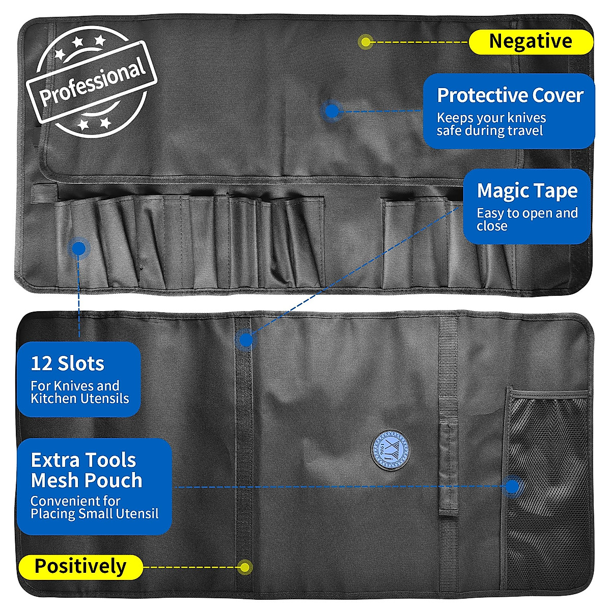 XYJ Kithcen Knife Roll Bag (13 slots) Holds 12pcs Knives and Sharpener Rod Chef Cooking Portable Durable Storage Pockets Black Roll Bag Carry Case Bag (Knives Not Included)