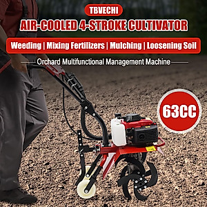 Garden Tiller/Cultivator 63CC 4-Stroke Gas Powered Hand Rotary Front Tine Tiller Rototiller Garden Tool Cordless, Gear Drive Transmission, Adjustable Tilling Depth