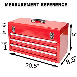 BIG RED ANTBD133-XB Torin 20" Portable 3 Drawer Steel Tool Box with Metal Latch Closure, Red