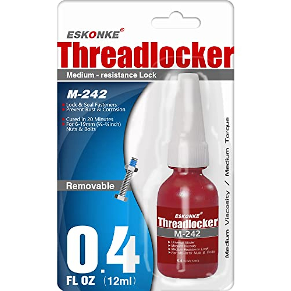 Blue Threadlocker M-242 Medium Strength Removable 0.4 Fl oz/12 ml Nut & Bolt Locker Lock Tight & Seal Fasteners Anaerobic Curing Metal Glue