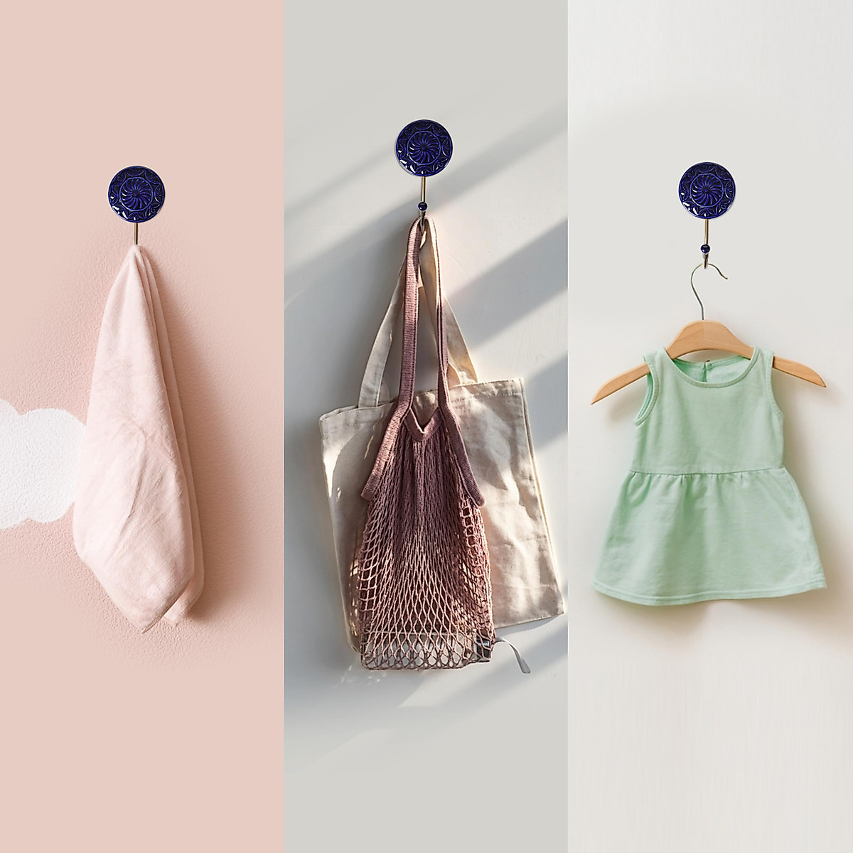 Alpha Living Home Set of 3 Ceramic Wall Coat Hooks, Round Decorative Robe Hook, Scarf, Bag, Towel, Hat etc for Kitchen Bathroom Office Farmhouse Wall Mounted Hanging - Antiue Royal Blue