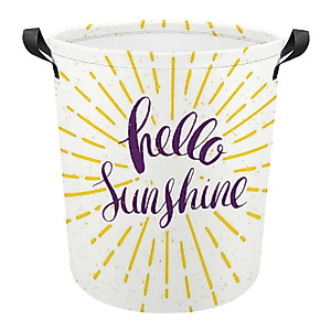 Oyihfvs Yellow Burst Hello Sunshine Collapsible Waterproof Laundry Hamper with Handles, Tall Washing Storage Large Organizer Round Basket Bin for Toys Clothes